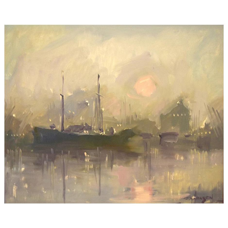Carlo Knud Hansen, Denmark, Oil on Canvas, Harbour Scene at 1stDibs