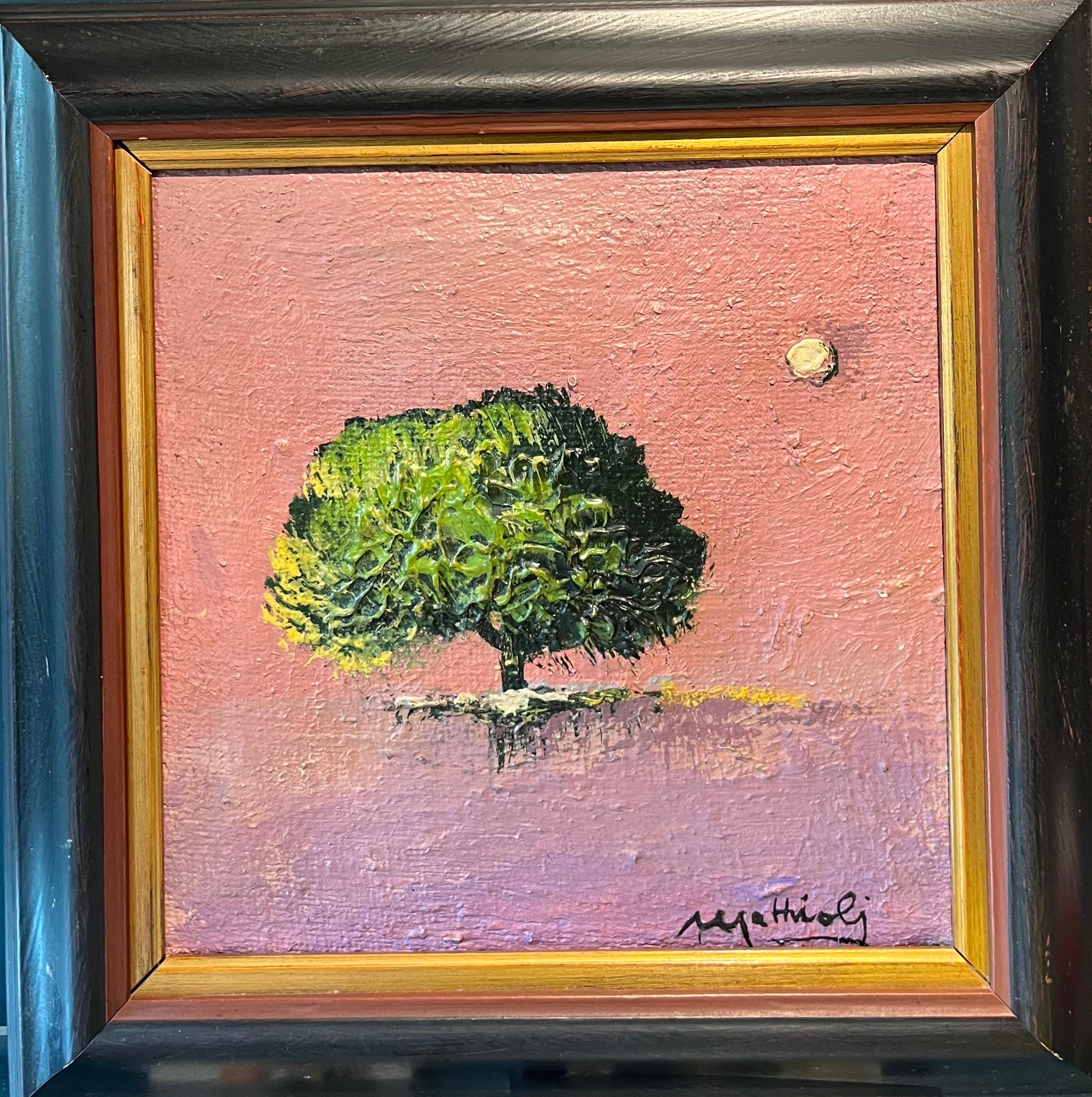 Carlo Mattioli - "apple tree" pink landscape Oil cm. 30 x 30 1970 For ...
