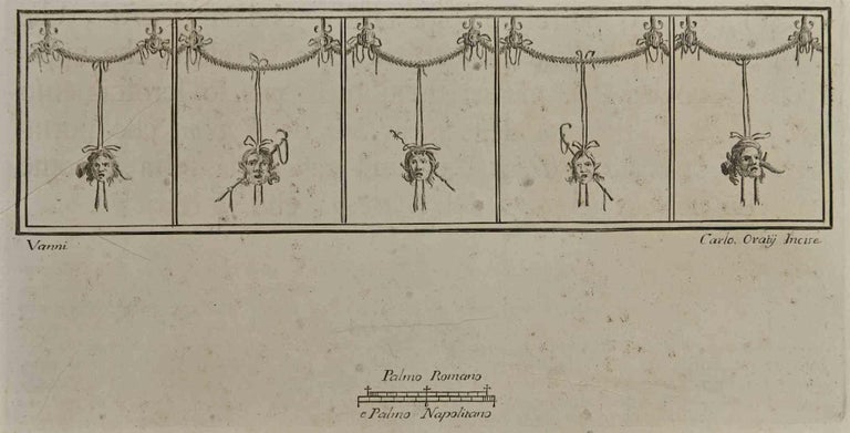 Carlo Oraty - Tragedy Masks Pompeian Style - Etching by Carlo Oraty ...