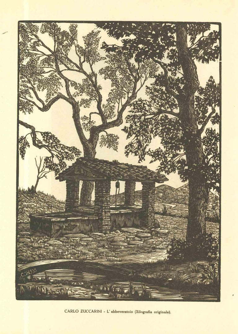 Carlo Zuccarini - L''Abbeveratoio- Original Woodcut by Carlo Zuccarini ...