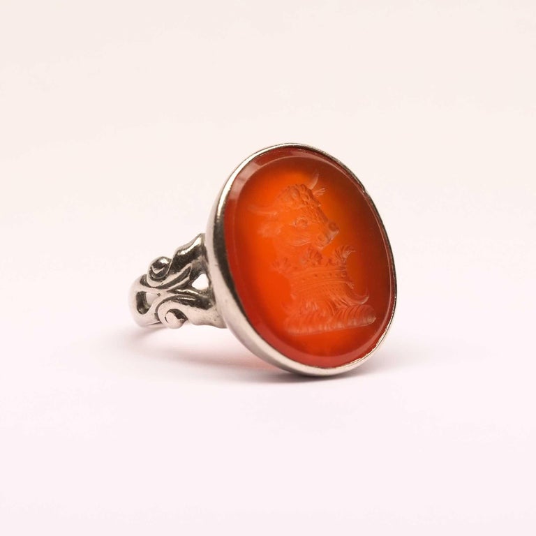 Carnelian Intaglio Silver Ring Bull For Sale at 1stDibs