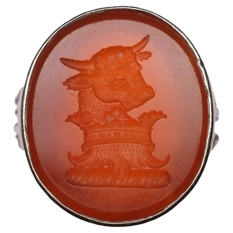 Carnelian Intaglio Silver Ring Bull For Sale at 1stDibs