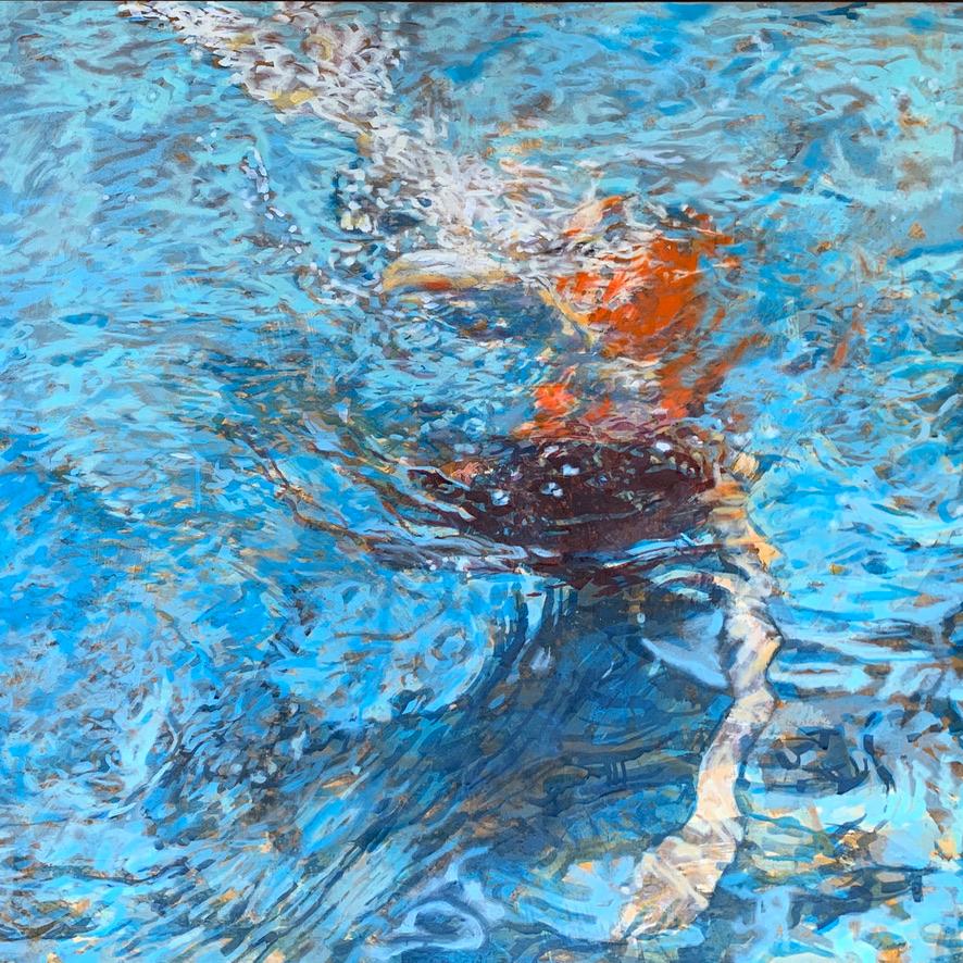 Carol Bennett - "Baby Blue" Blue and gold painting of a woman on top of ...