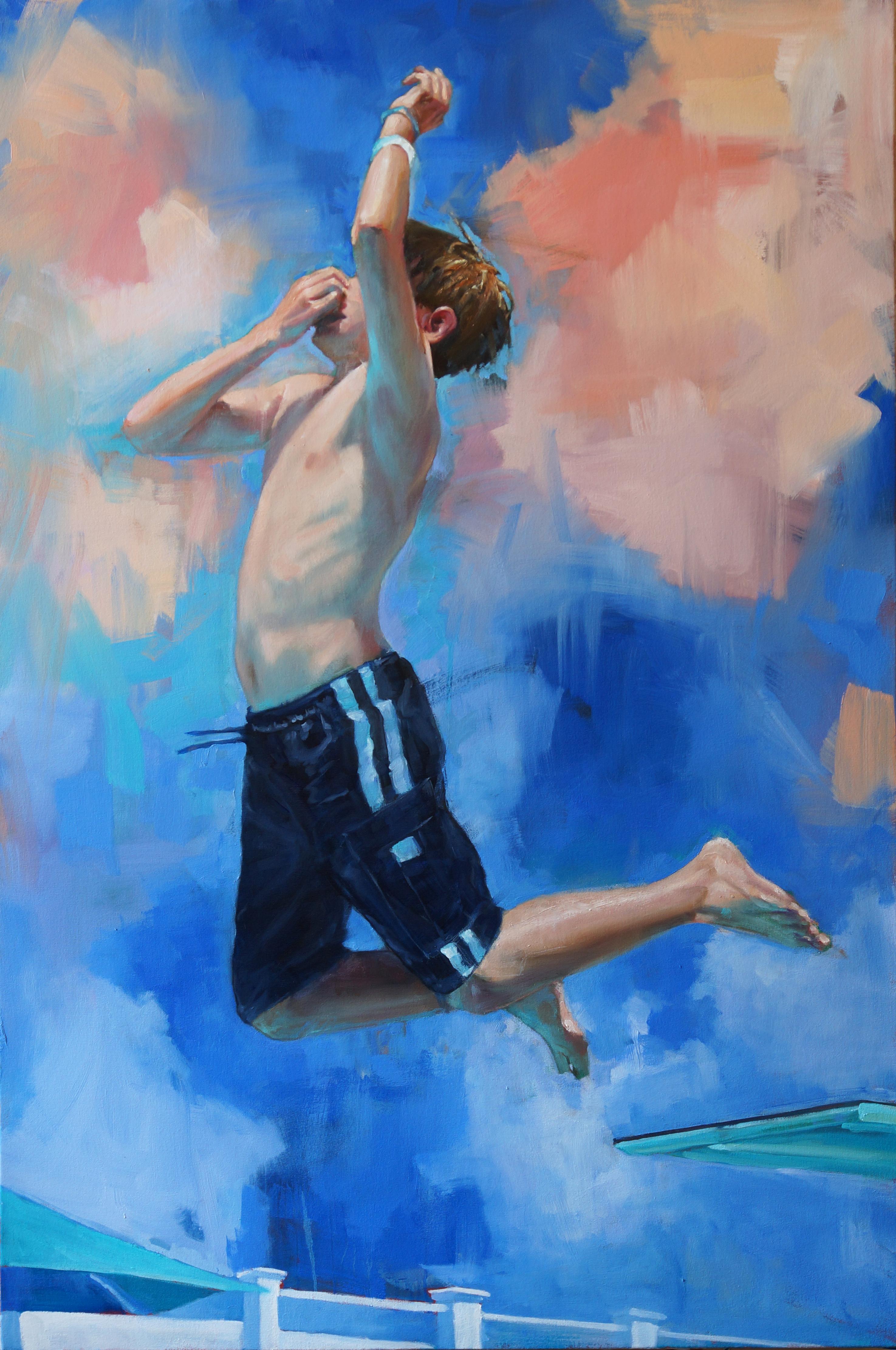 Carol O'Malia - "Jump Start" Pintura al óleo de un niño saltando a la ...