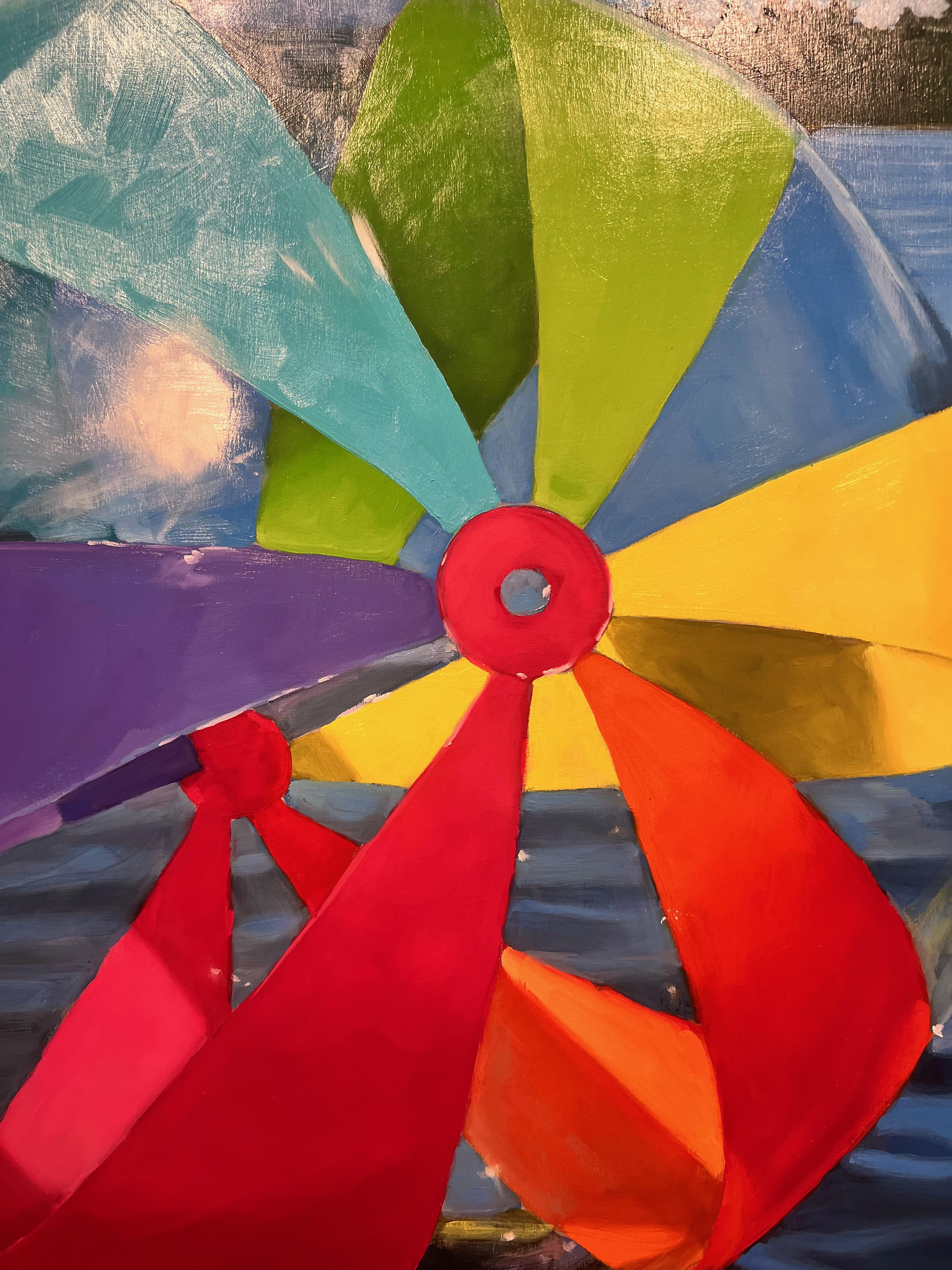 Carol O'Malia - "Rainbow Stripes" oil painting of a clear beachball, colorful stripes floating ...