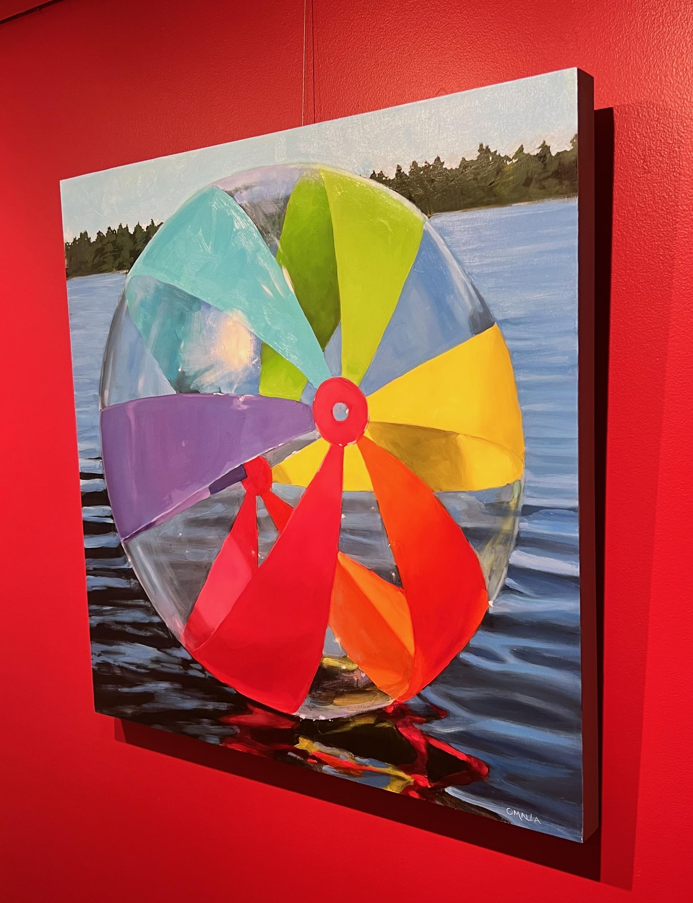 Carol O'Malia - "Rainbow Stripes" oil painting of a clear beachball, colorful stripes floating ...