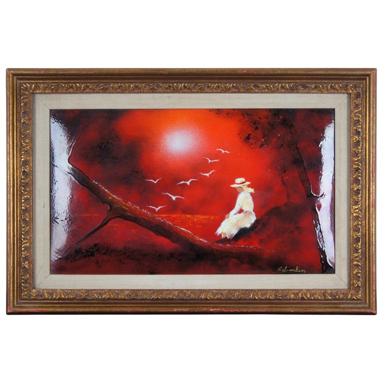 Carol Simkin Enamel on Copper Red Landscape Seascape Ocean Figural ...