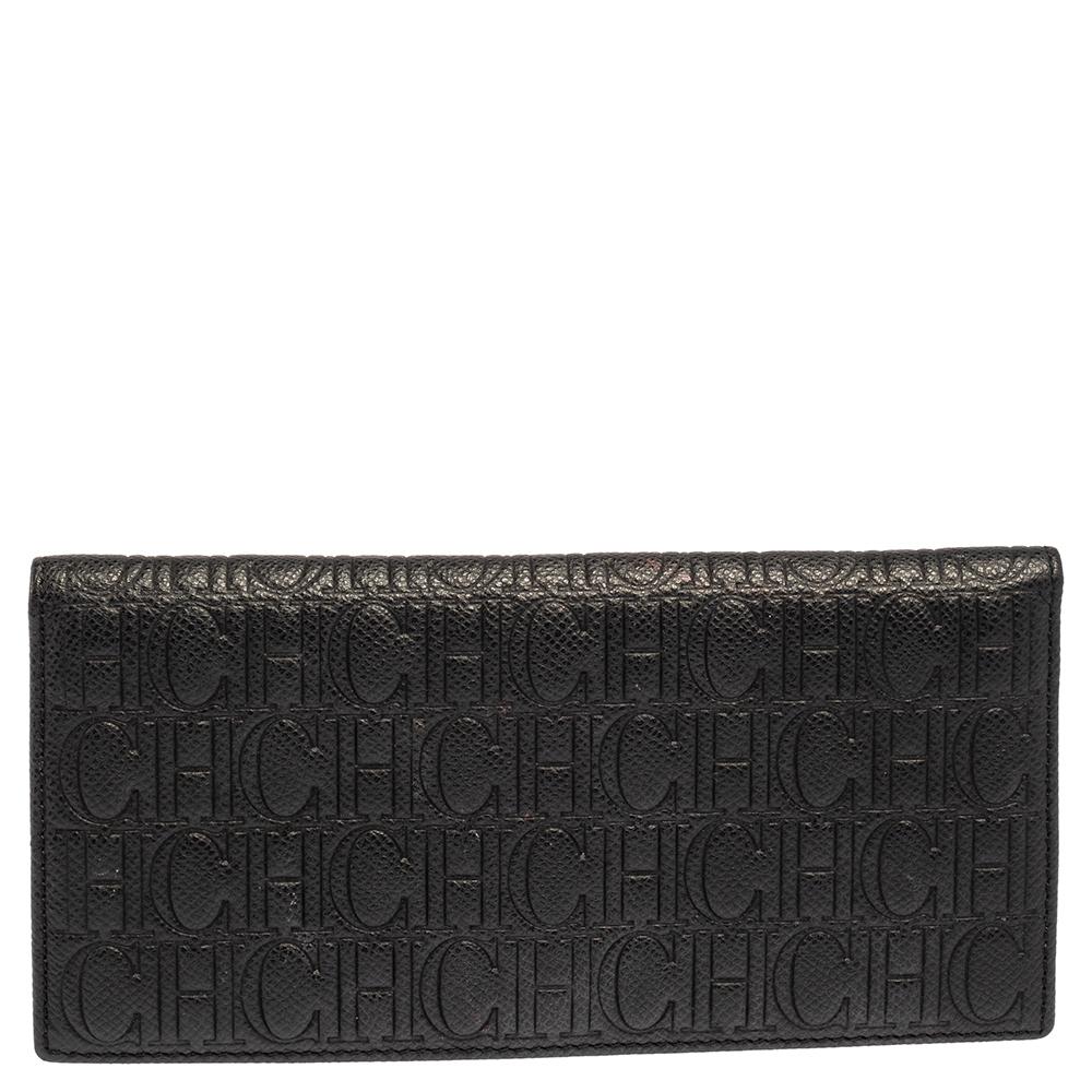 Carolina Herrera Black Monogram Embossed Leather Bifold Long Wallet at ...