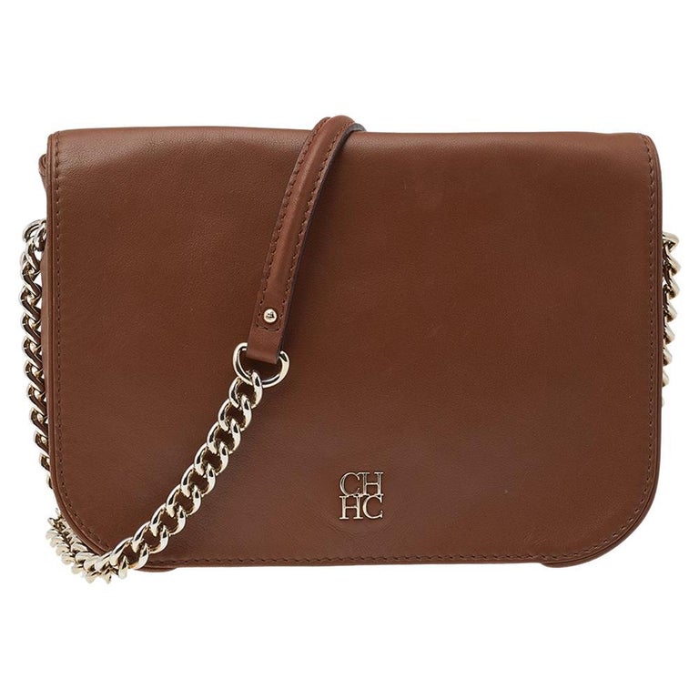 Carolina Herrera Brown Leather Chain Flap Shoulder Bag For Sale at 1stDibs