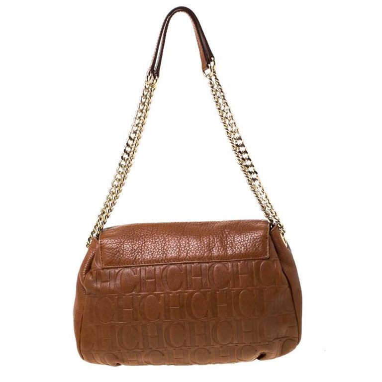 Carolina Herrera Brown Monogram Leather Shoulder Bag For Sale at 1stDibs