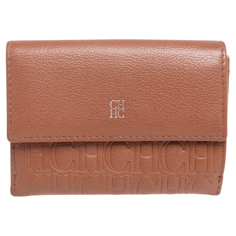 Carolina Herrera Brown Monogram Leather Tri Fold Compact Wallet at 1stDibs