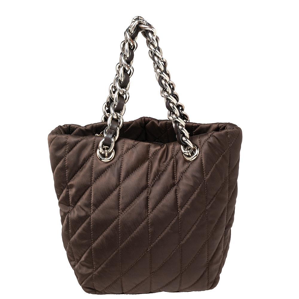 Carolina Herrera Brown Quilted Nylon Chain Tote at 1stDibs