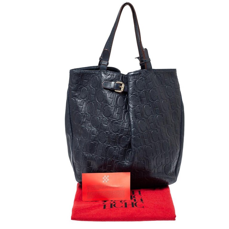 Carolina Herrera Navy Blue Embossed Monogram Leather Buckle Tote at 1stDibs