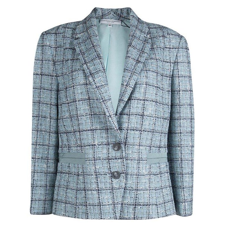 Carolina Herrera Powder Blue Checked Tweed Blazer XL For Sale at 1stDibs