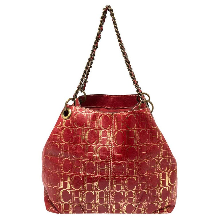 Carolina Herrera Red/Gold Monogram Leather Chain Tote at 1stDibs