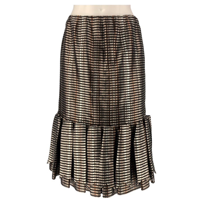 CAROLINA HERRERA Size 4 Grey, Black and Brown Silk Checkered Pleated ...