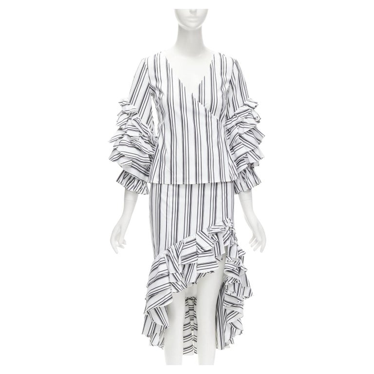 CAROLINE CONSTAS black white ruffled stripes wrap top high low skirt ...