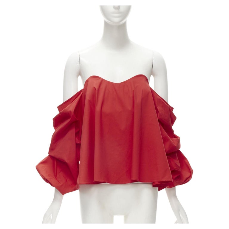CAROLINE CONSTAS red cotton sweetheart bustier off shoulder sleeve top ...