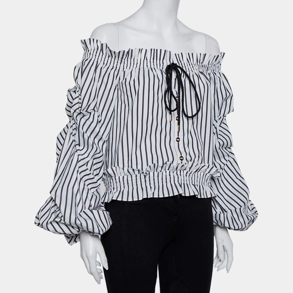 Caroline Constas White Striped Cotton Off Shoulder Ruffled Crop Top XS ...