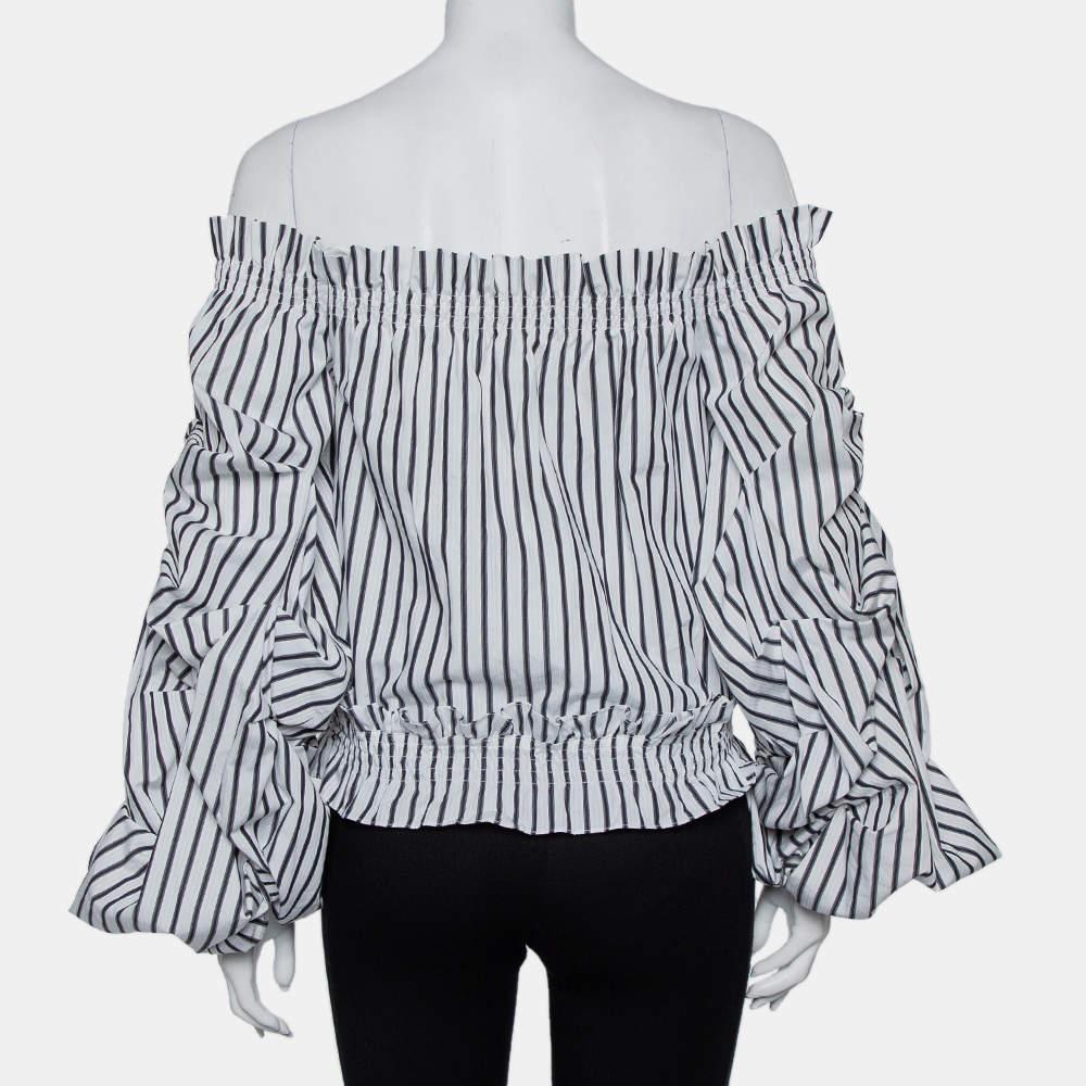 Caroline Constas White Striped Cotton Off Shoulder Ruffled Crop Top XS ...