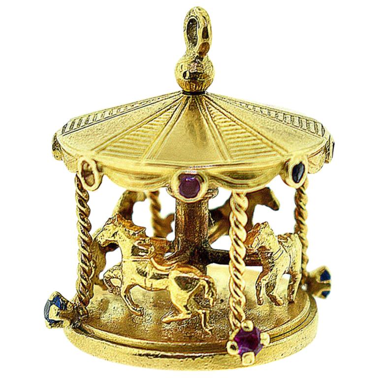 Carousel with Multi-Color Sapphires in 18 Karat Yellow Gold Charm ...