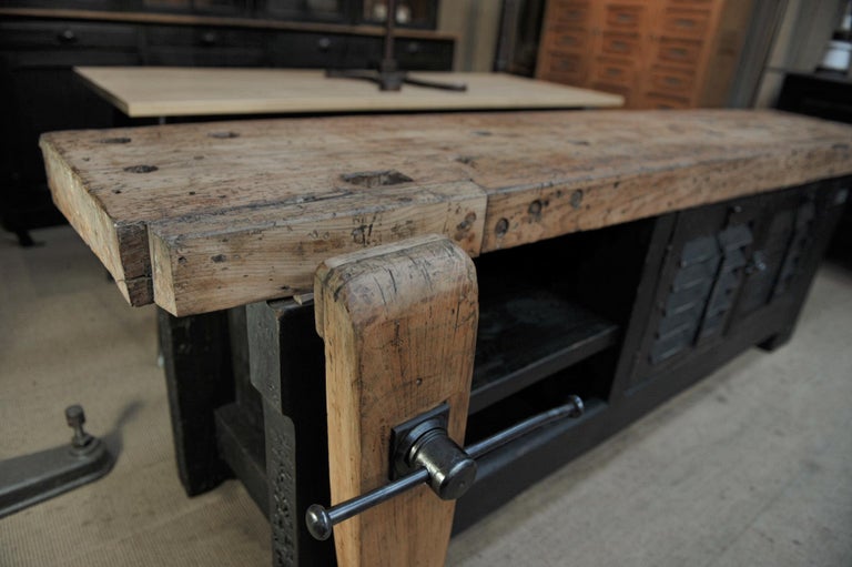 Carpenter Vice Work Bench circa 1930 with Shutter Doors at 1stDibs