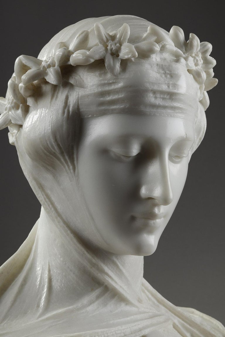 Carrara Marble Bust, "Woman with Veil and Crown of Flowers" at 1stDibs