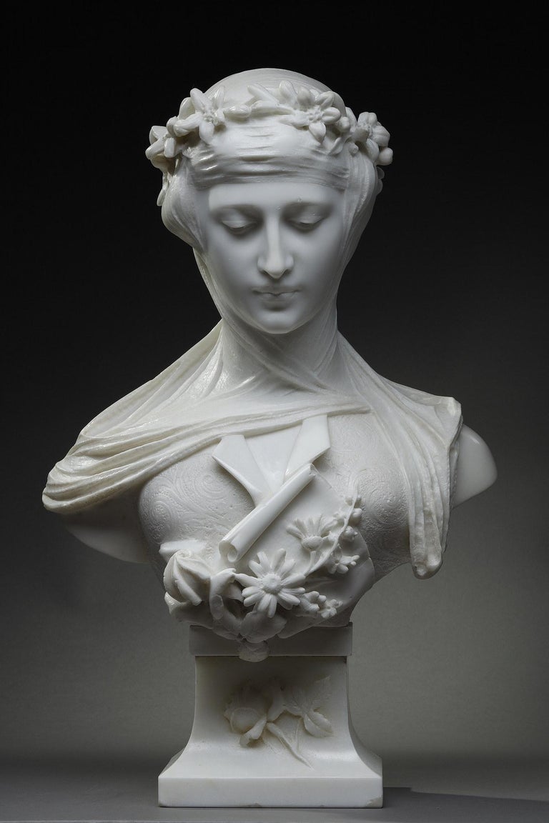 Carrara Marble Bust, "Woman with Veil and Crown of Flowers" at 1stDibs