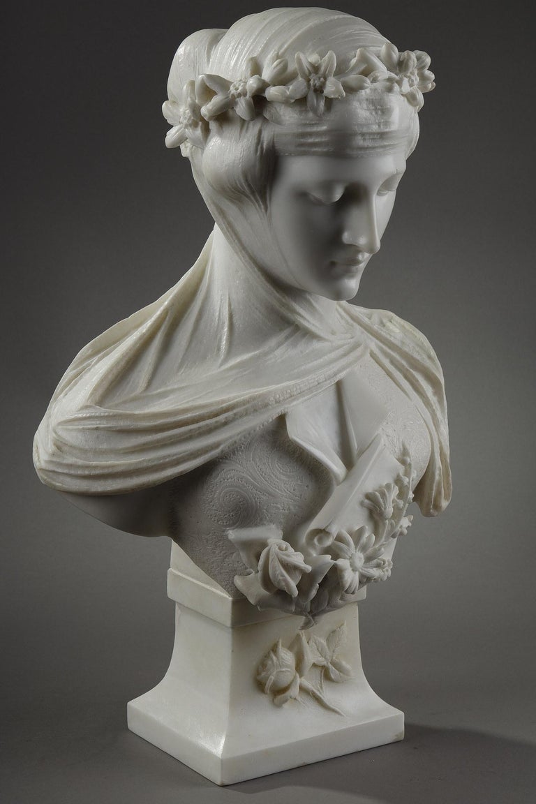 Carrara Marble Bust, "Woman with Veil and Crown of Flowers" at 1stDibs