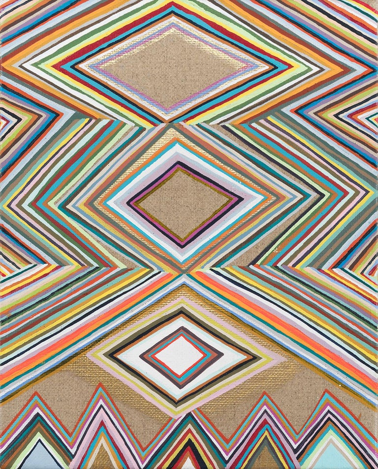 Carrie Marill - "Portal" colorful abstract painting on linen pattern stripes For Sale at 1stDibs