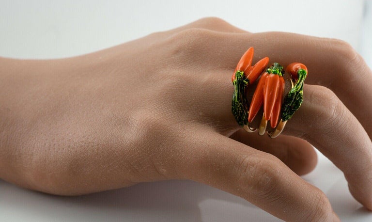 Carrots Enamel Ring 18K Gold Hallmarked Rare OOAK For Sale at 1stDibs