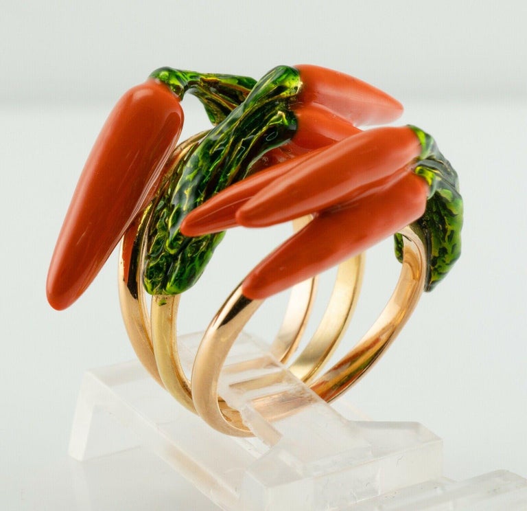 Carrots Enamel Ring 18K Gold Hallmarked Rare OOAK For Sale at 1stDibs