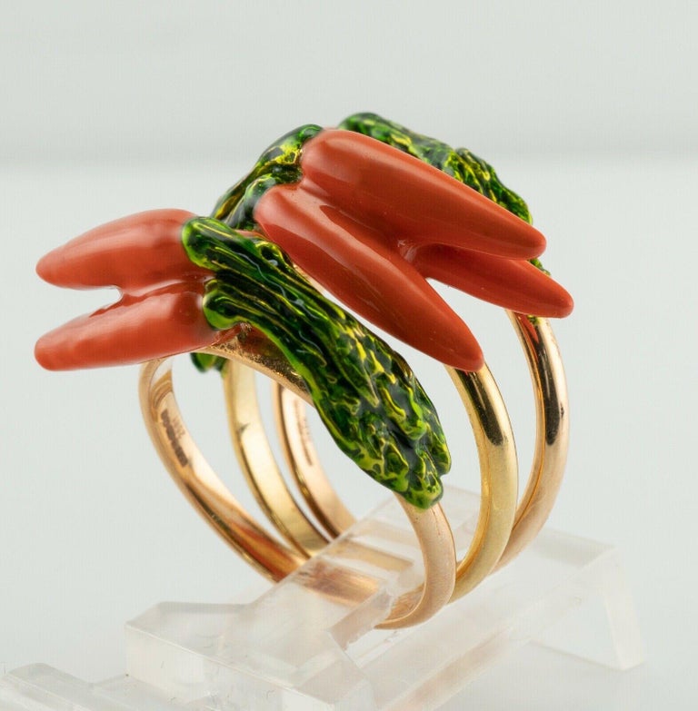 Carrots Enamel Ring 18K Gold Hallmarked Rare OOAK For Sale at 1stDibs
