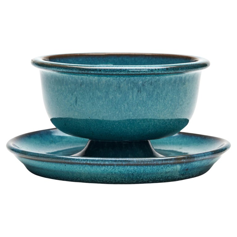 Carter Stabler Adams Chinese Blue Glazed Bowl on Stand For Sale at 1stDibs