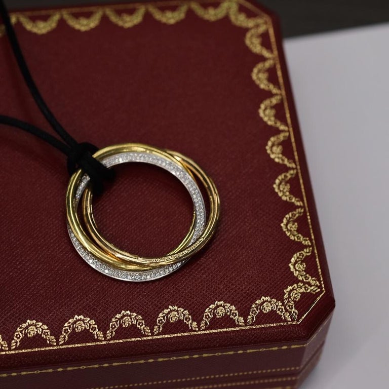 Cartier 18 Karat Gold Tri Color Trinity Pave Diamond Pendant on a Cord ...