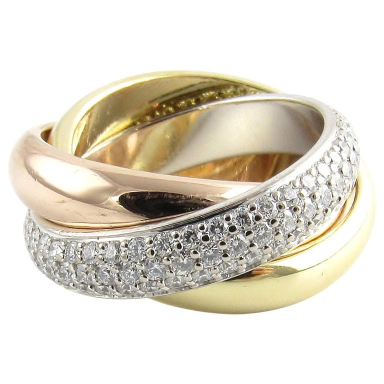 Cartier 18 Karat Tri Color Gold Pave Diamond Trinity Rolling 3 Band ...