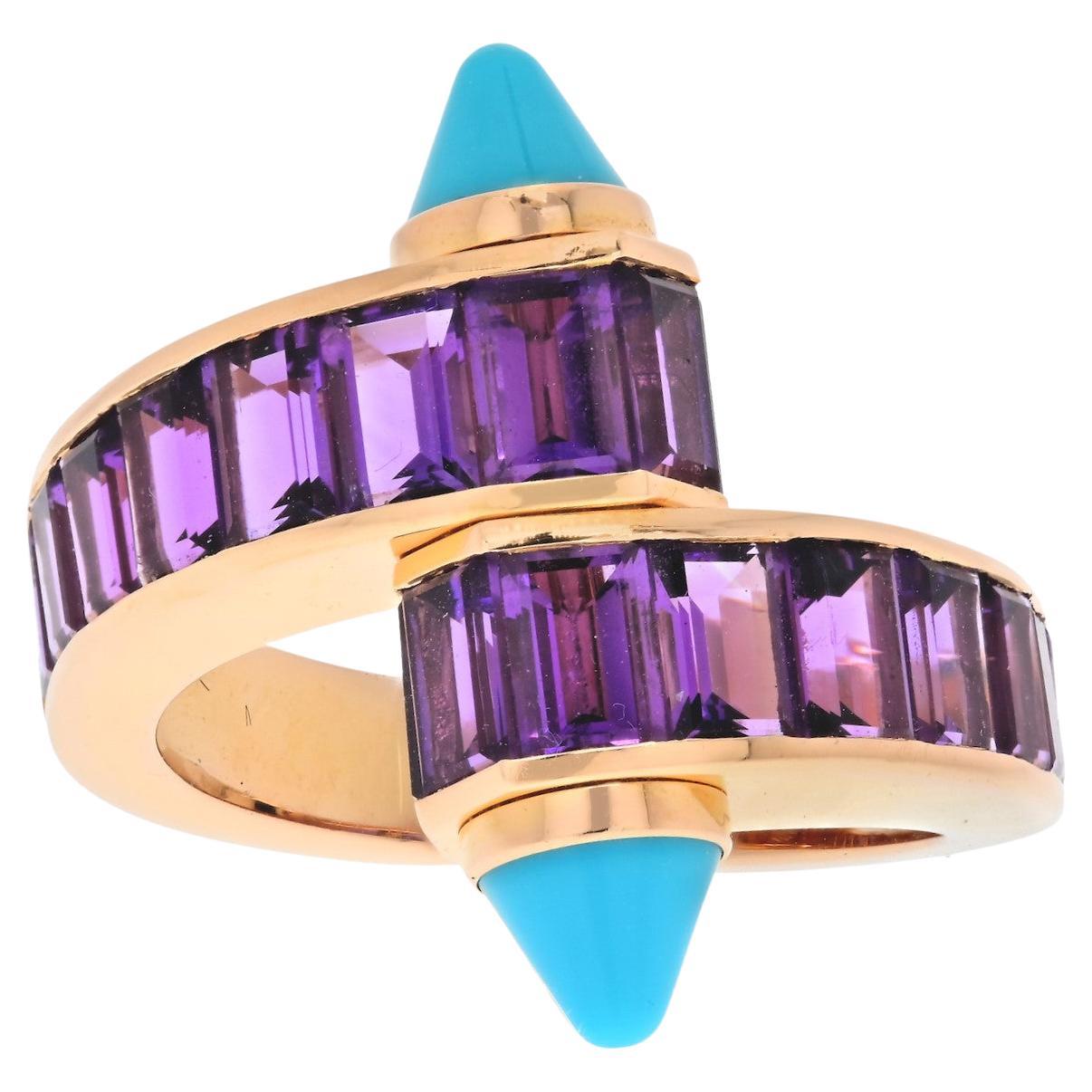 Cartier Turquoise Amethyst Gold Crossover Ring For Sale at 1stDibs