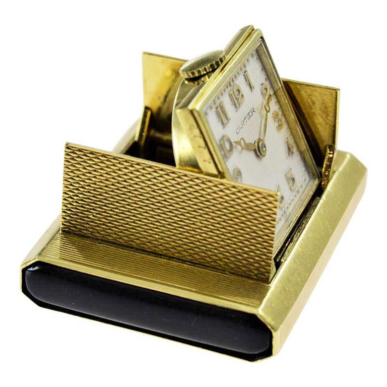 Cartier 18 Karat Solid Gold Desk Top Travel Watch with Onyx Buttons ...