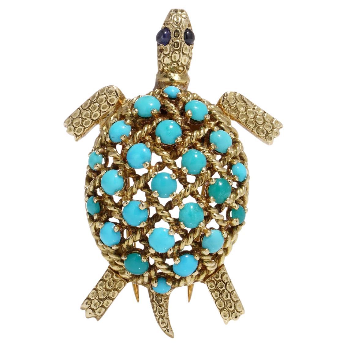 Cartier 18kt yellow gold turquoise tortoise brooch For Sale at 1stDibs