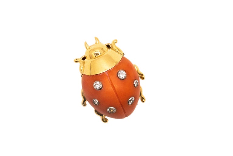 Cartier 1940 Paris Art-Deco Ladybug Pin Brooch 18Kt Yellow Gold Coral and Diamonds at 1stDibs