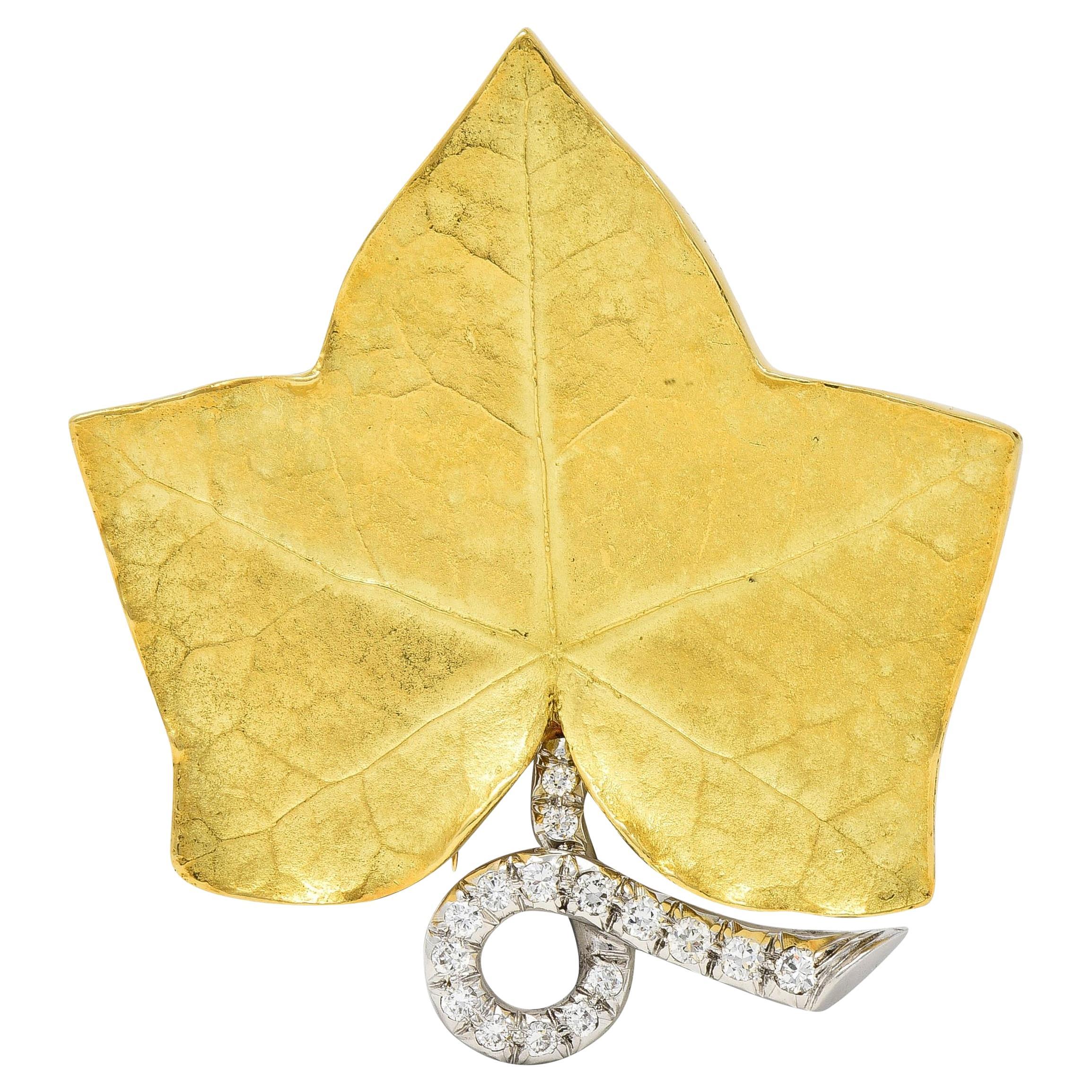 Cartier 1950's Diamond Platinum 18 Karat Yellow Gold Vintage Ivy Leaf Brooch For Sale at 1stDibs