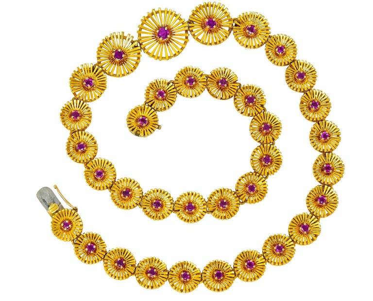 Cartier 1950s Retro Ruby 18 Karat Yellow Gold Flower Disc Collar ...
