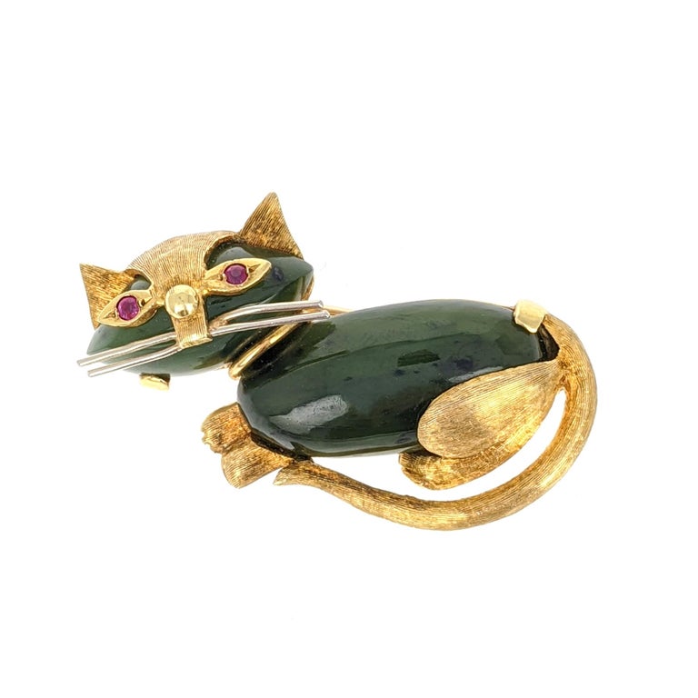 Cartier 1955 Nephrite Ruby Gold Cat Pin Brooch at 1stDibs