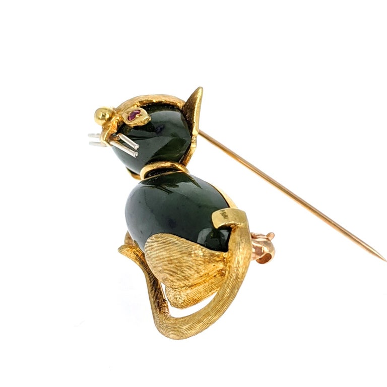 Cartier 1955 Nephrite Ruby Gold Cat Pin Brooch at 1stDibs