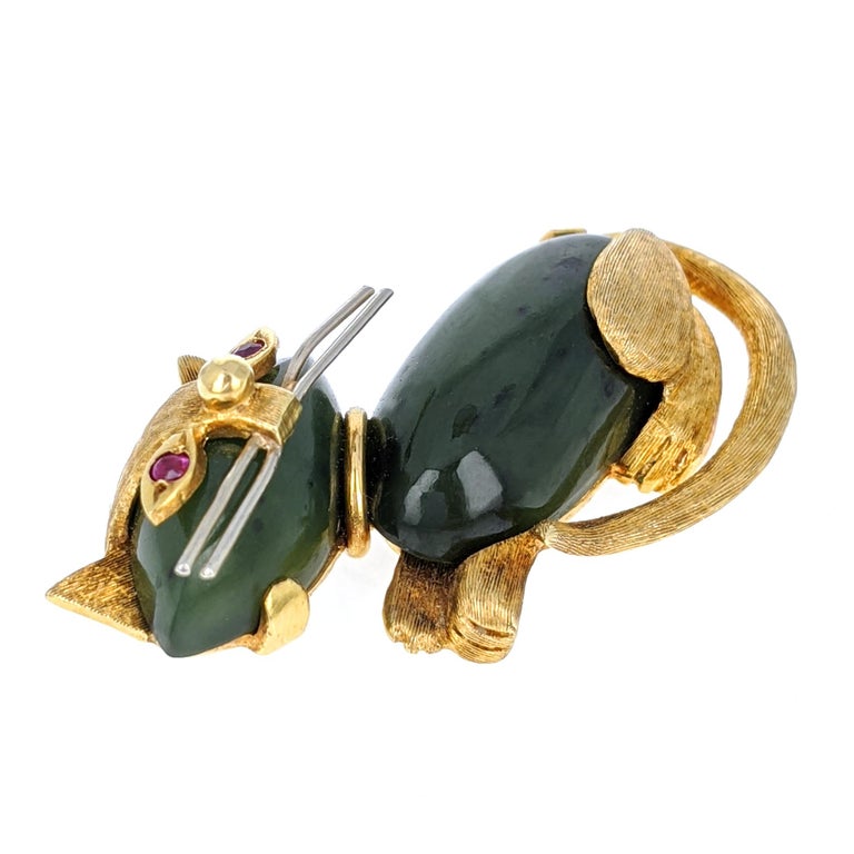 Cartier 1955 Nephrite Ruby Gold Cat Pin Brooch at 1stDibs