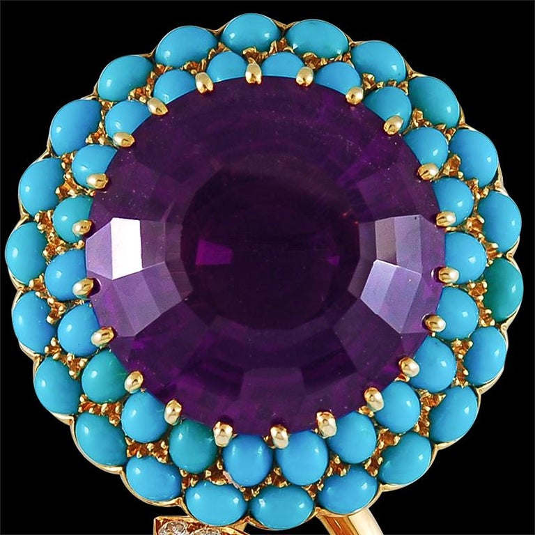 Cartier Paris Large Round Diamond Amethyst Turquoise Brooch For Sale at ...