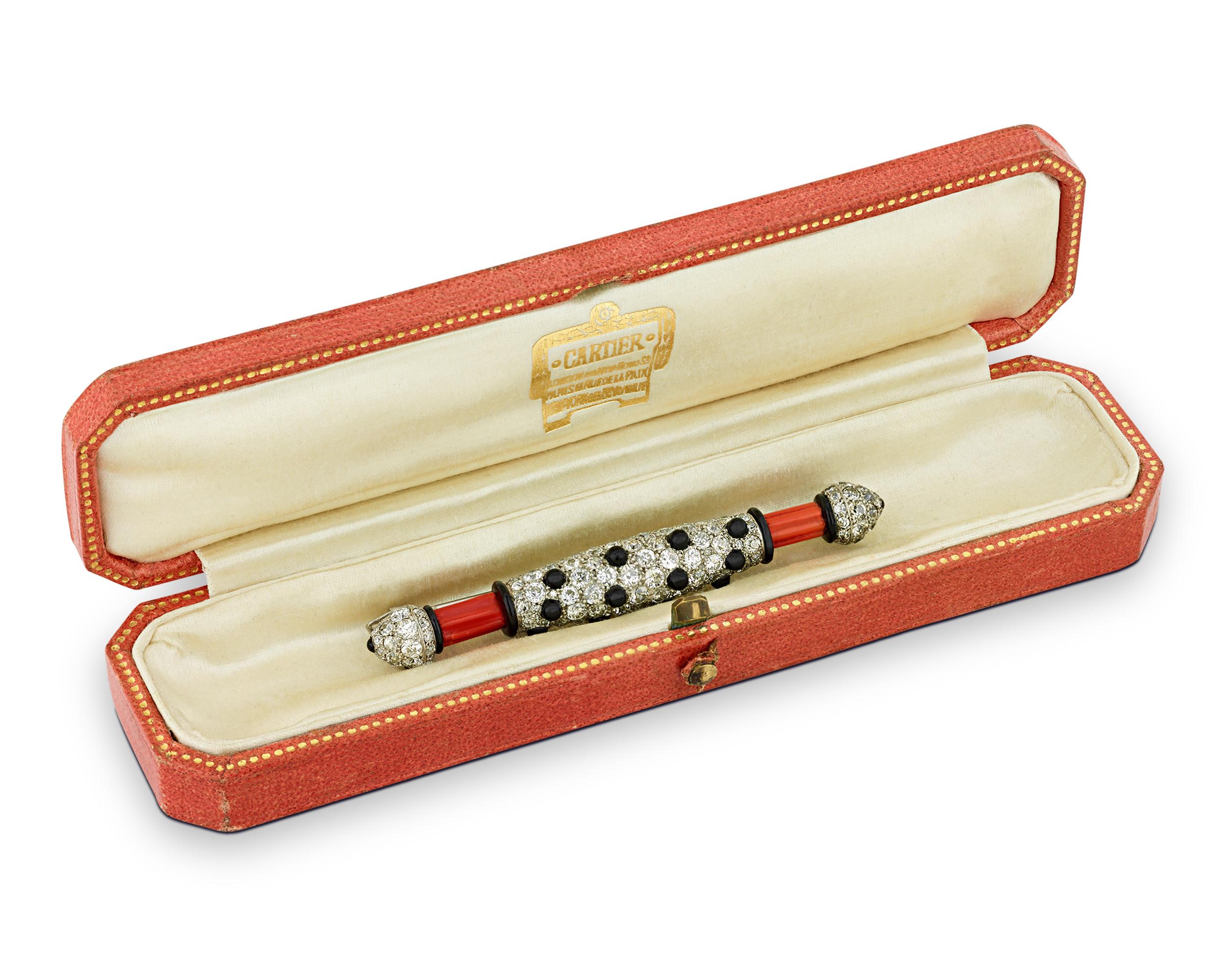 Cartier Art Deco Diamond, Onyx And Coral Pin For Sale at 1stDibs