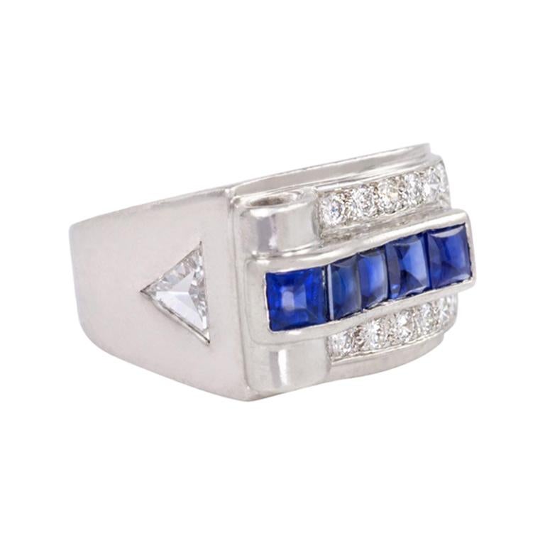 Cartier Art Deco Platinum, Diamond, and Buff-Top Sapphire Ring For Sale ...