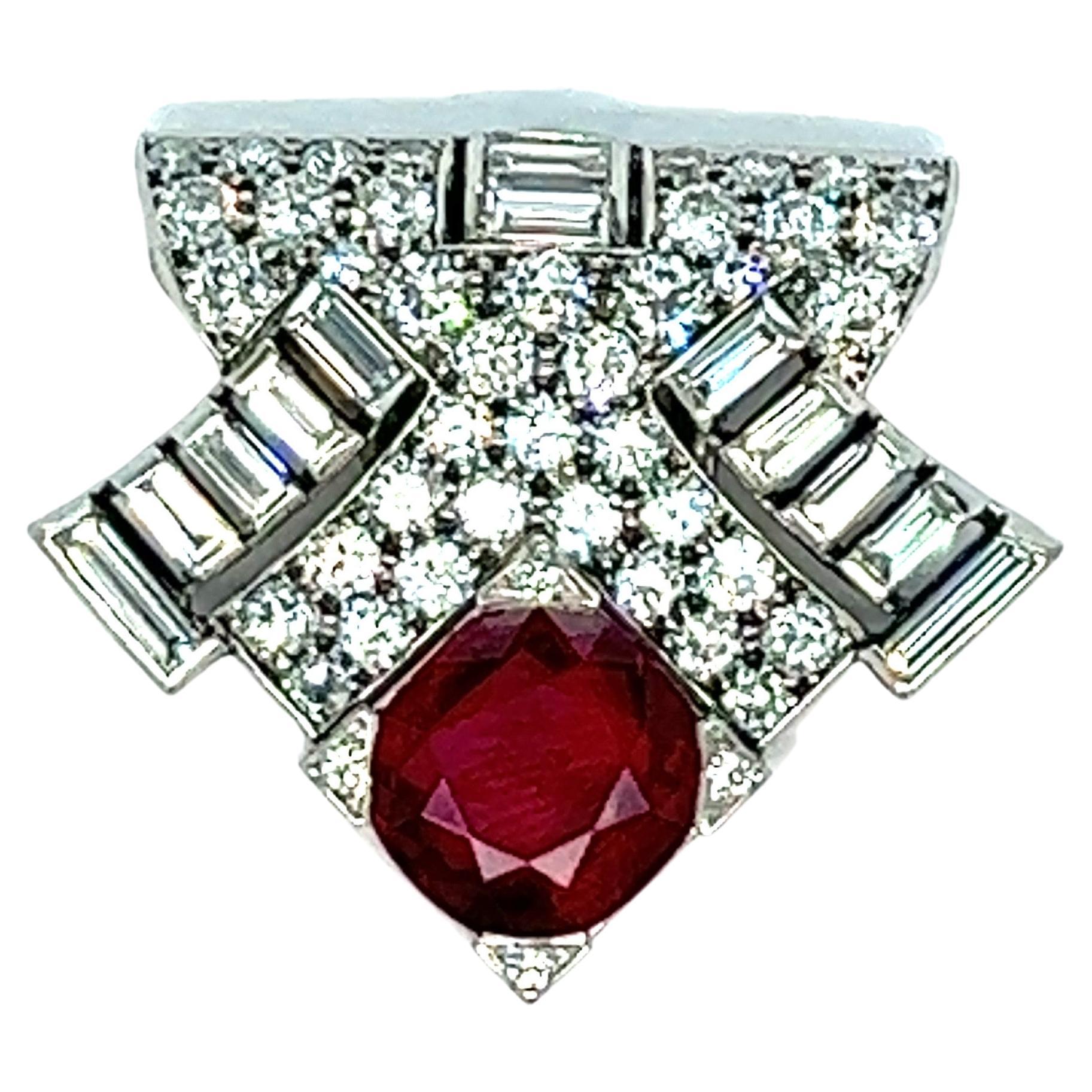 Art Deco Cartier Ruby and Diamond Brooch For Sale at 1stDibs