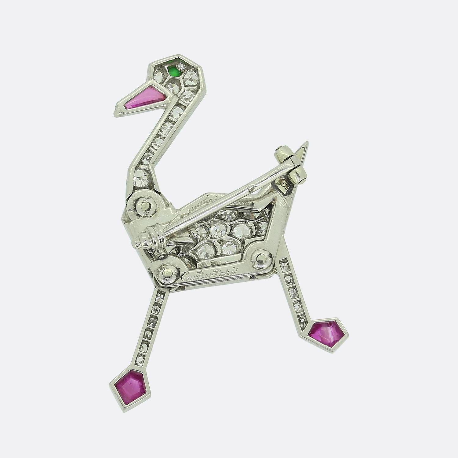 Cartier Art Deco Ruby Diamond Jade Stork Brooch For Sale at 1stDibs
